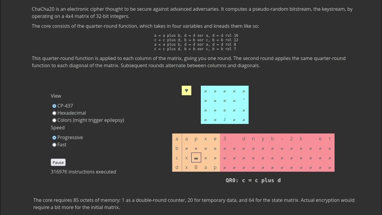 chacha20 cipher core running in brainf**k programming language - YouTube