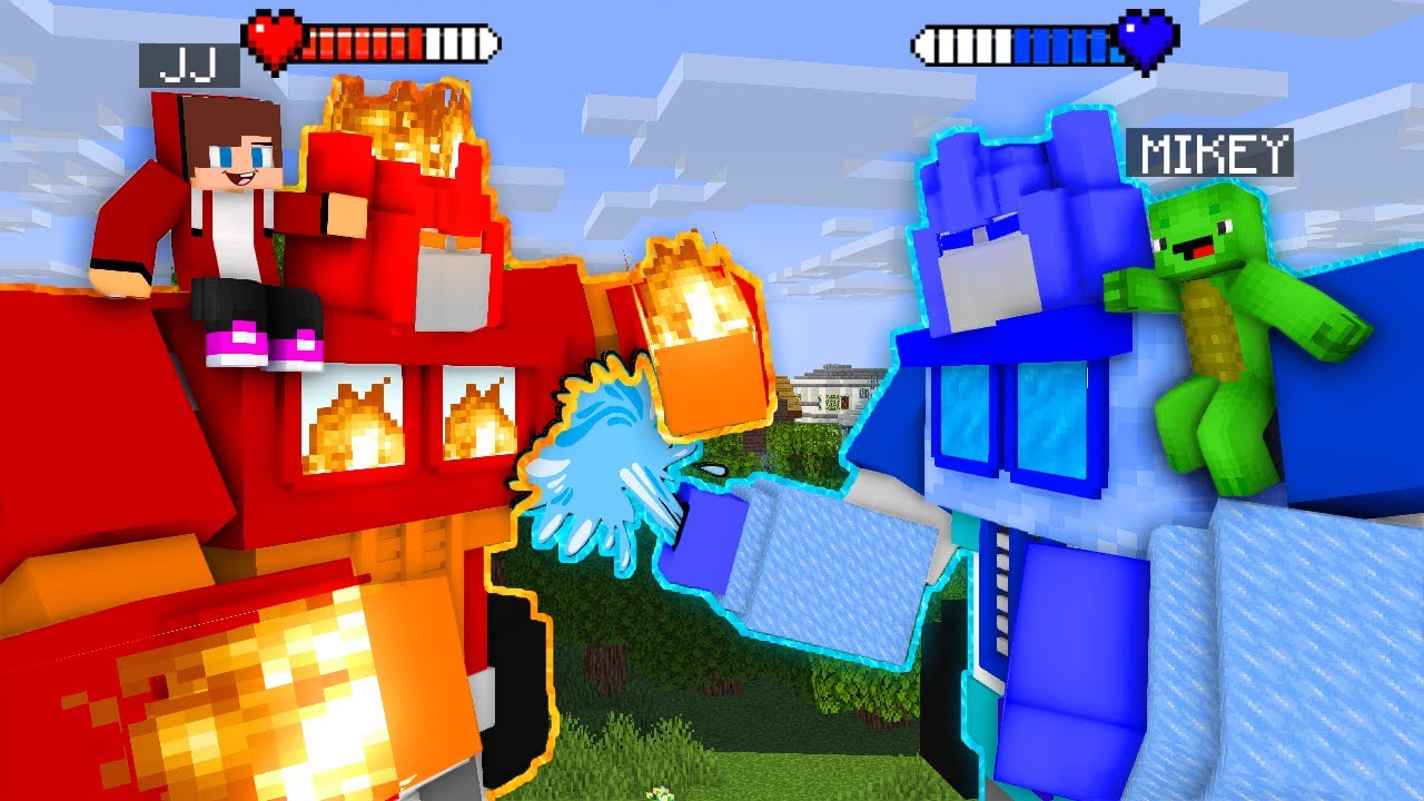 JJ Fire Robot vs Mikey Water Ice Transformer Giant Titan Battle - Maizen Minecraft Animation ...
