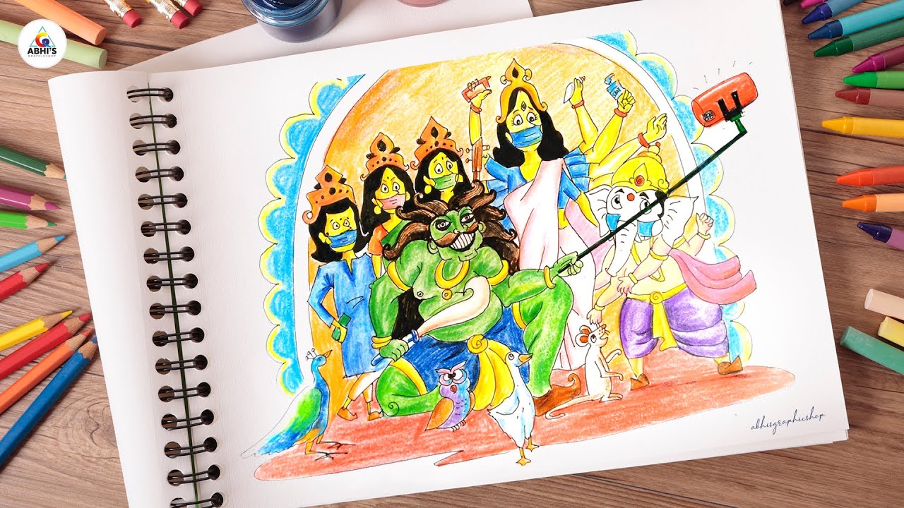 Tutorial 59 - Durga Maa's family in Comic Style | Pujo Special Drawing ...
