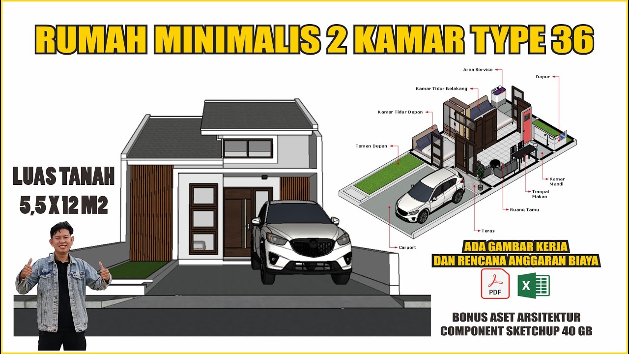 PAKET GAMBAR KERJA RUMAH MINIMALIS TYPE 36 TANAH 5,5 X 12 SAMA RAB ...