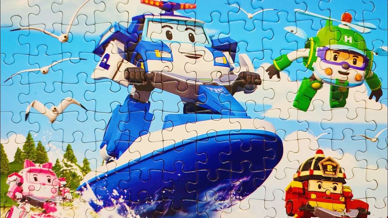 Poli Robocar puzzle. All Robocars rushing to help. Poli, Amber, Helly ...
