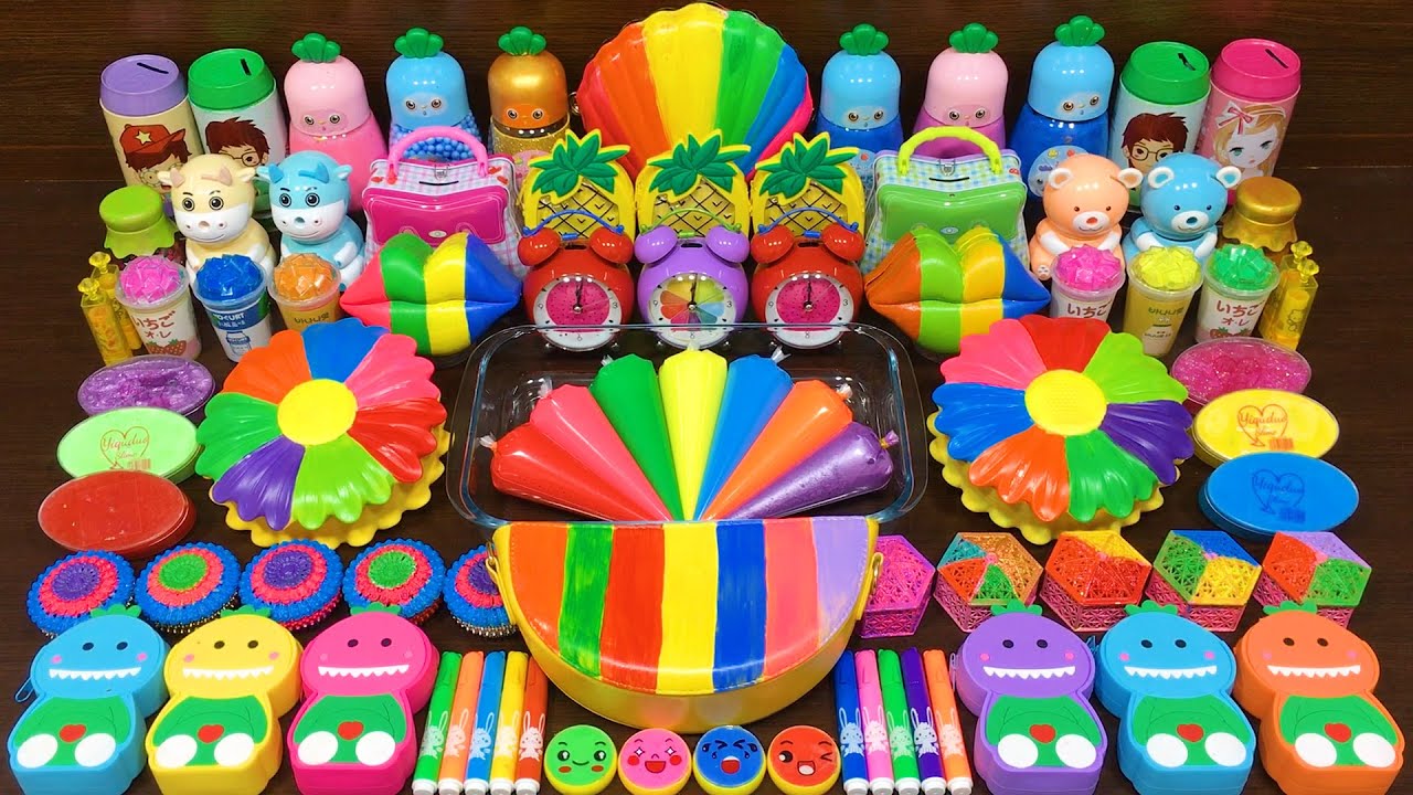 RELAXING Slime with PIPING BAG & RAINBOW! Mixing Random into GLOSSY ...