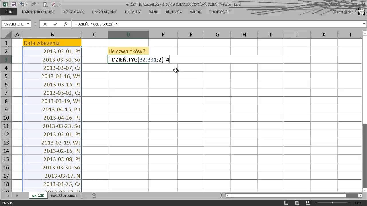 excel-123 - Ile czwartków wśród dat - SUMA.ILOCZYNÓW, DZIEŃ.TYG - YouTube