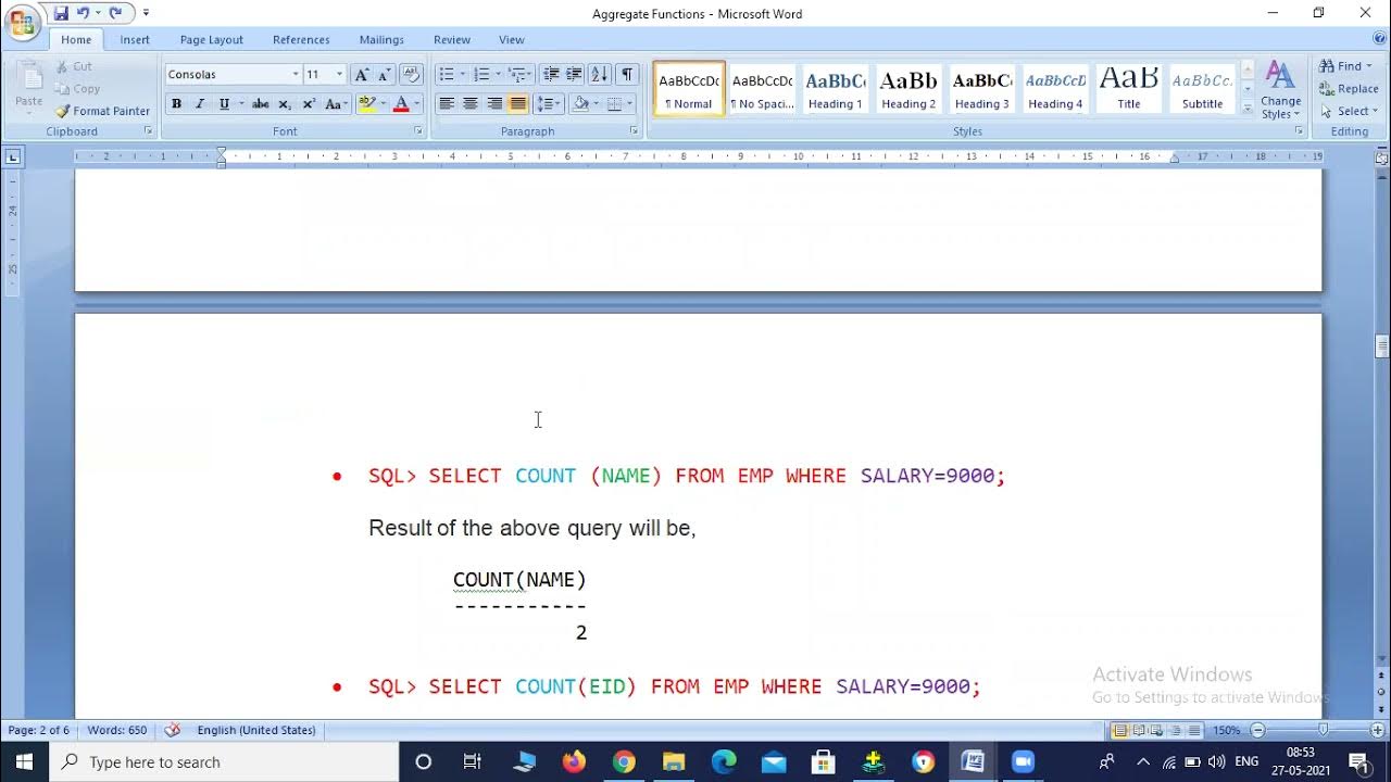 DBMS- AGGREGATE FUNCTIONS AND SCALAR FUNCTIONS - YouTube