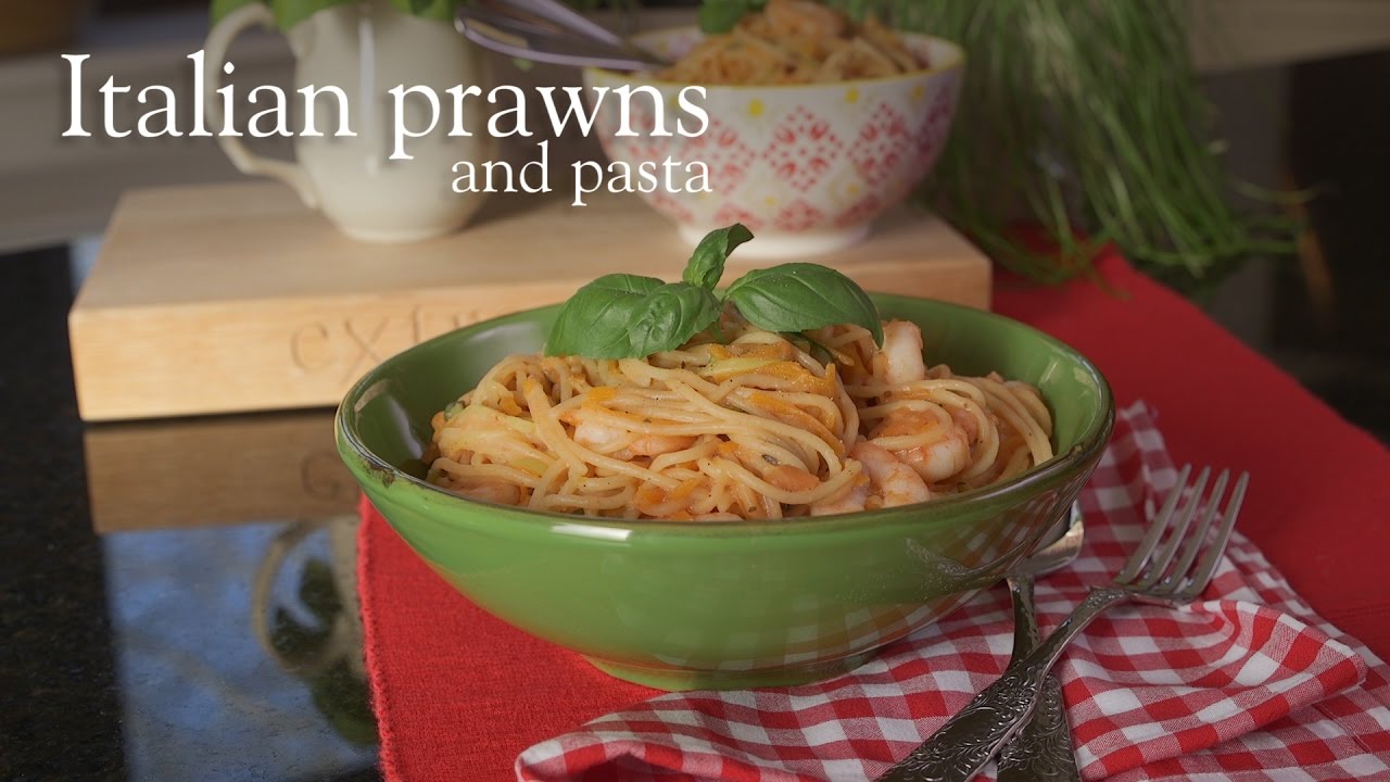 Italian prawns with creamy tomato sauce and vegetable spaghetti recipe ...
