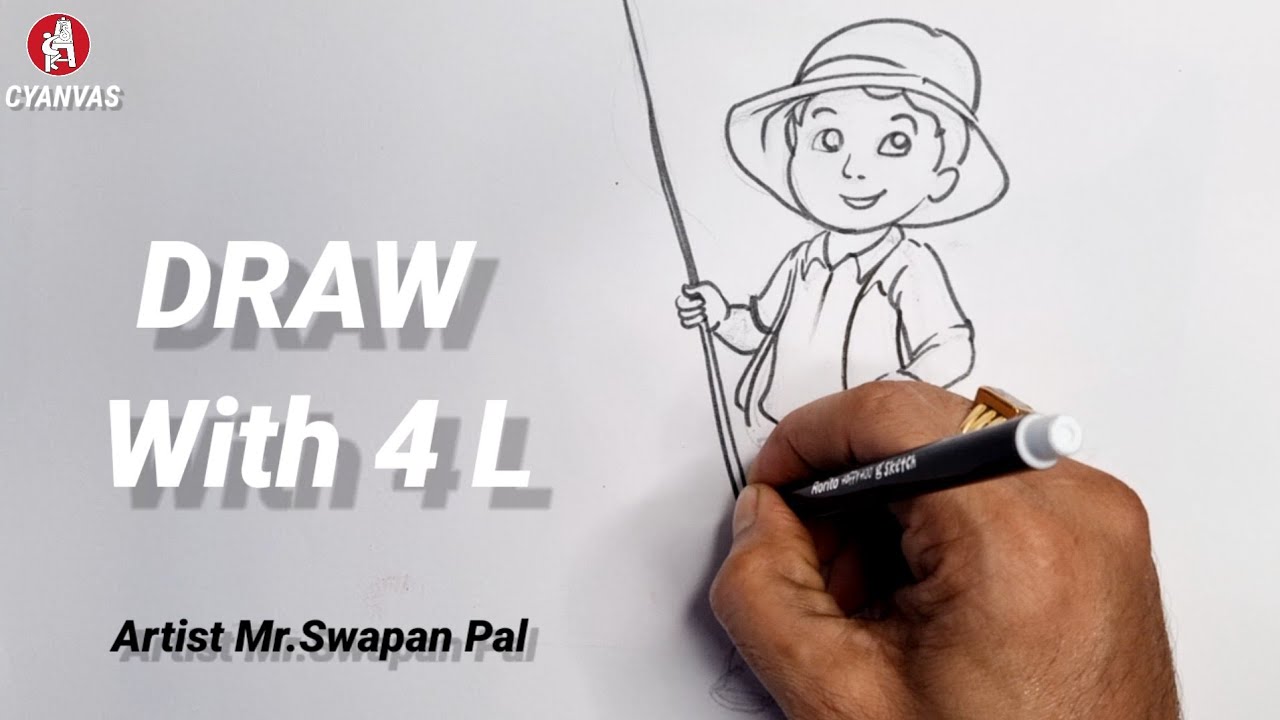 FISHING SCENERY WITH 4 L / EASY SCENERY DRAWING/ HOW TO DRAW FISHING ...