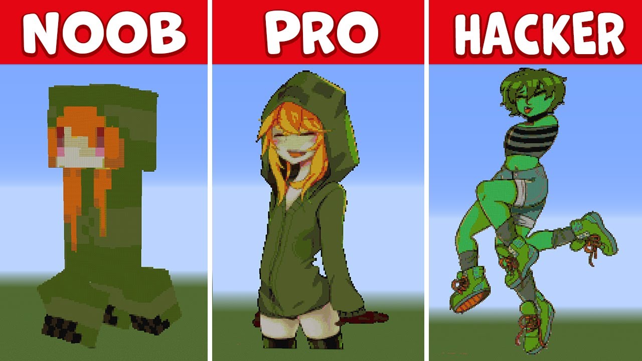 NOOB vs PRO vs HACKER 💥 Creeper Girl 💥 Pixel Art Challenge in Minecraft ...