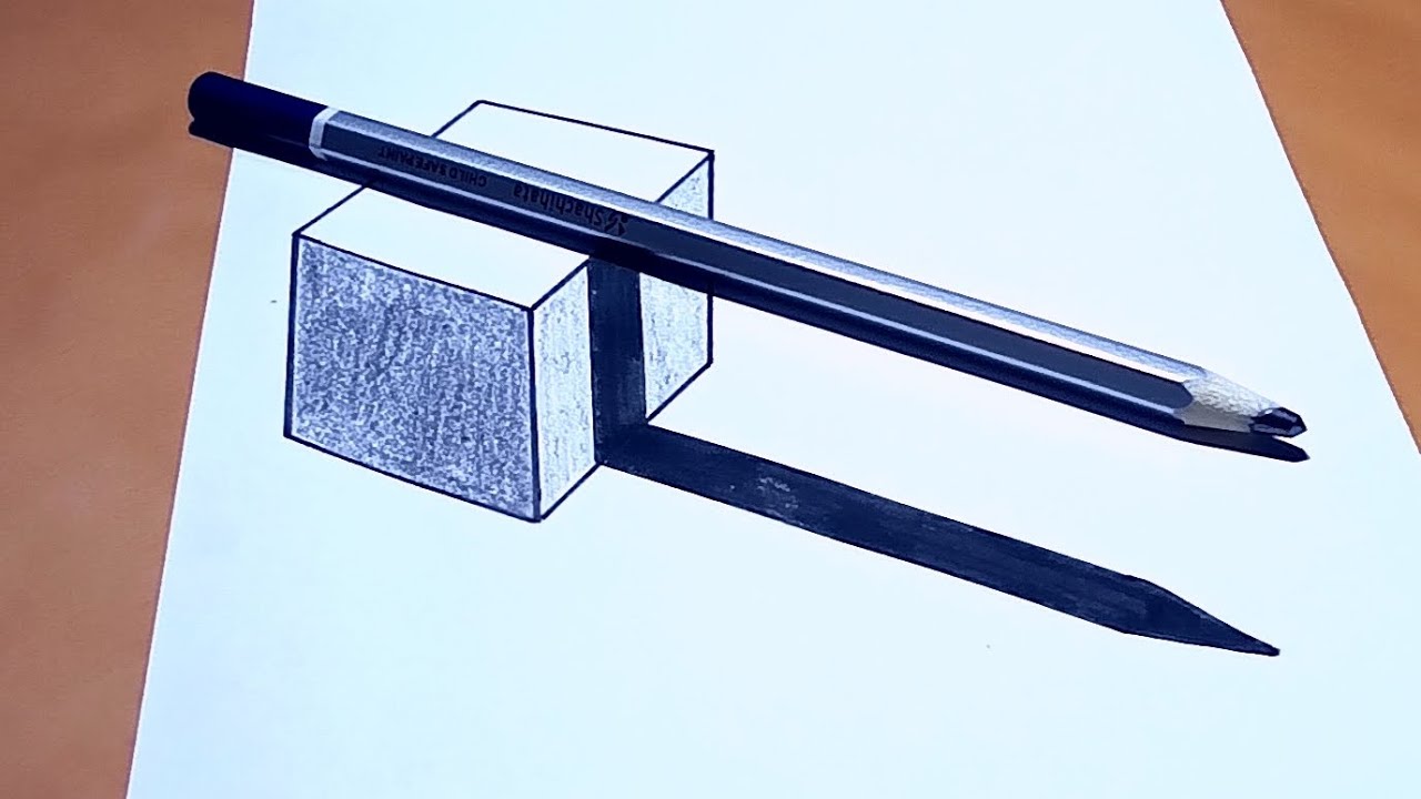 Pencil floating on 3D cube drawing for beginners step by step #3d box ...