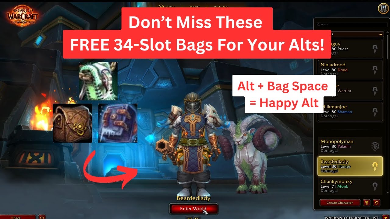 How to Get 3 FREE 34-Slot Bags for Your Alts in WoW TWW - YouTube
