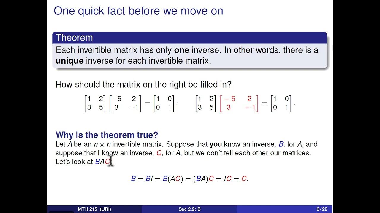 Intro to Linear Algebra - The Inverse of a Matrix: the 2-by-2 Case (Sec 2.2, B) - YouTube