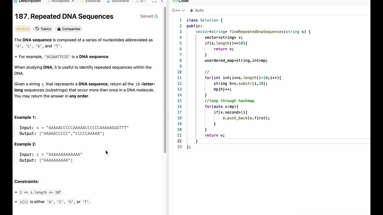 repeated DNA sequence cpp solution Leetcode - YouTube