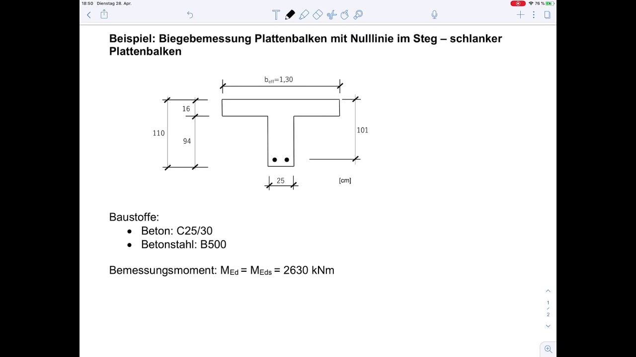 Massivbau 1 – Beispiel 10 Biegebemessung Plattenbalken mit Nulllinie im ...