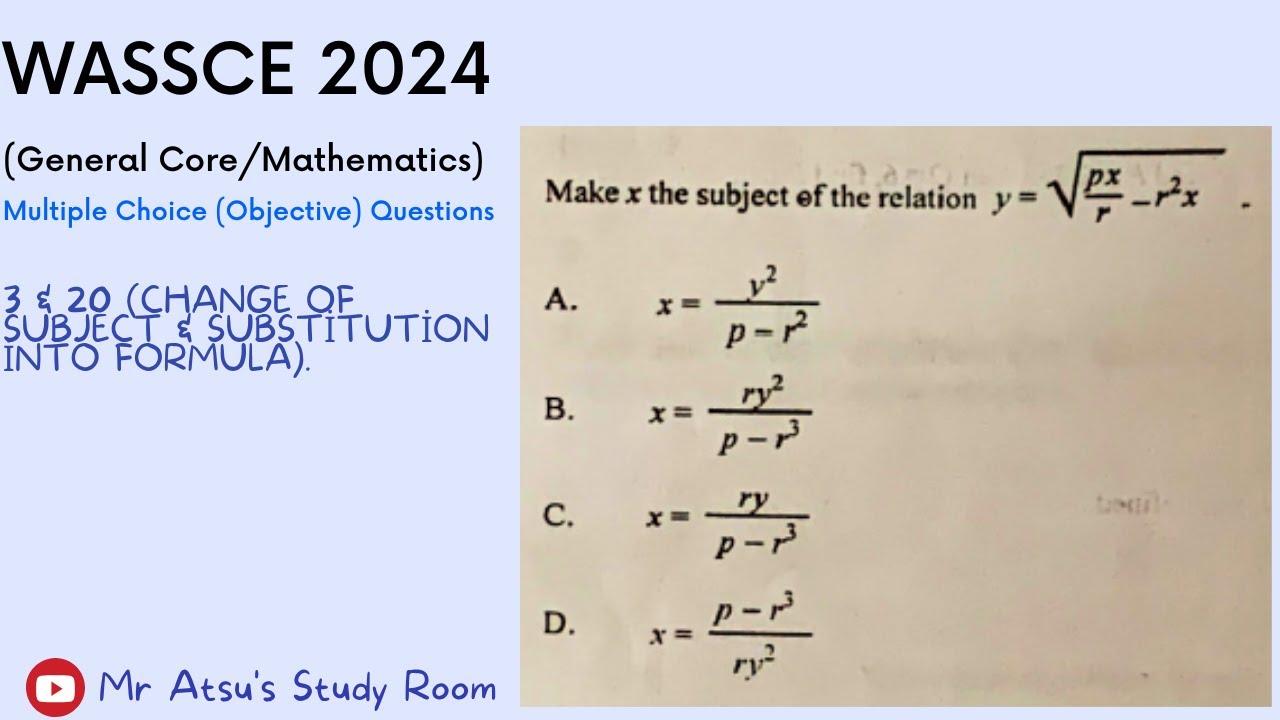 WASSCE 2024 General (Core) Math MC Questions 3&20 - YouTube
