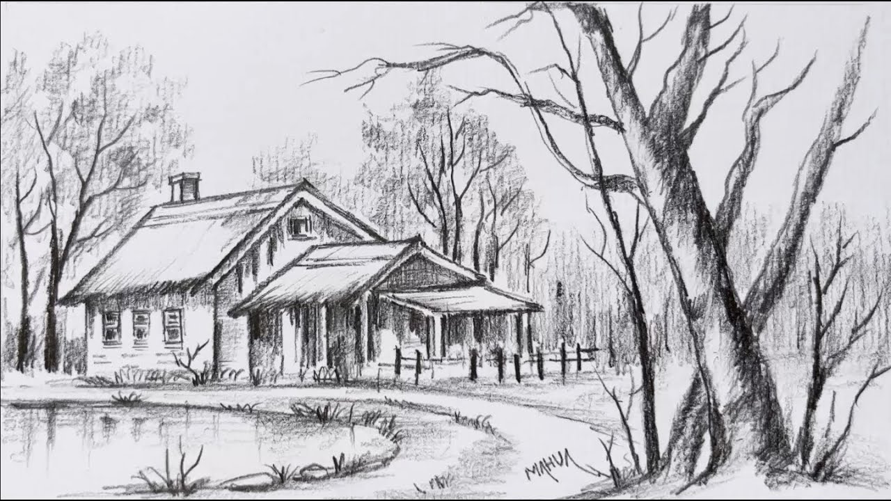 How to draw House Landscape | Pencil Shading | Step by step video | Art ...