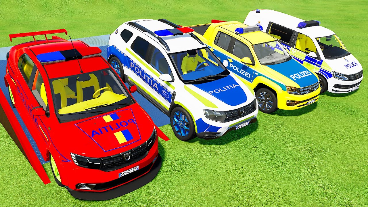 POLICE CARS OF COLORS ! TRANSPORTING DACIA & VOLKSWAGEN COLORED POLICE ...