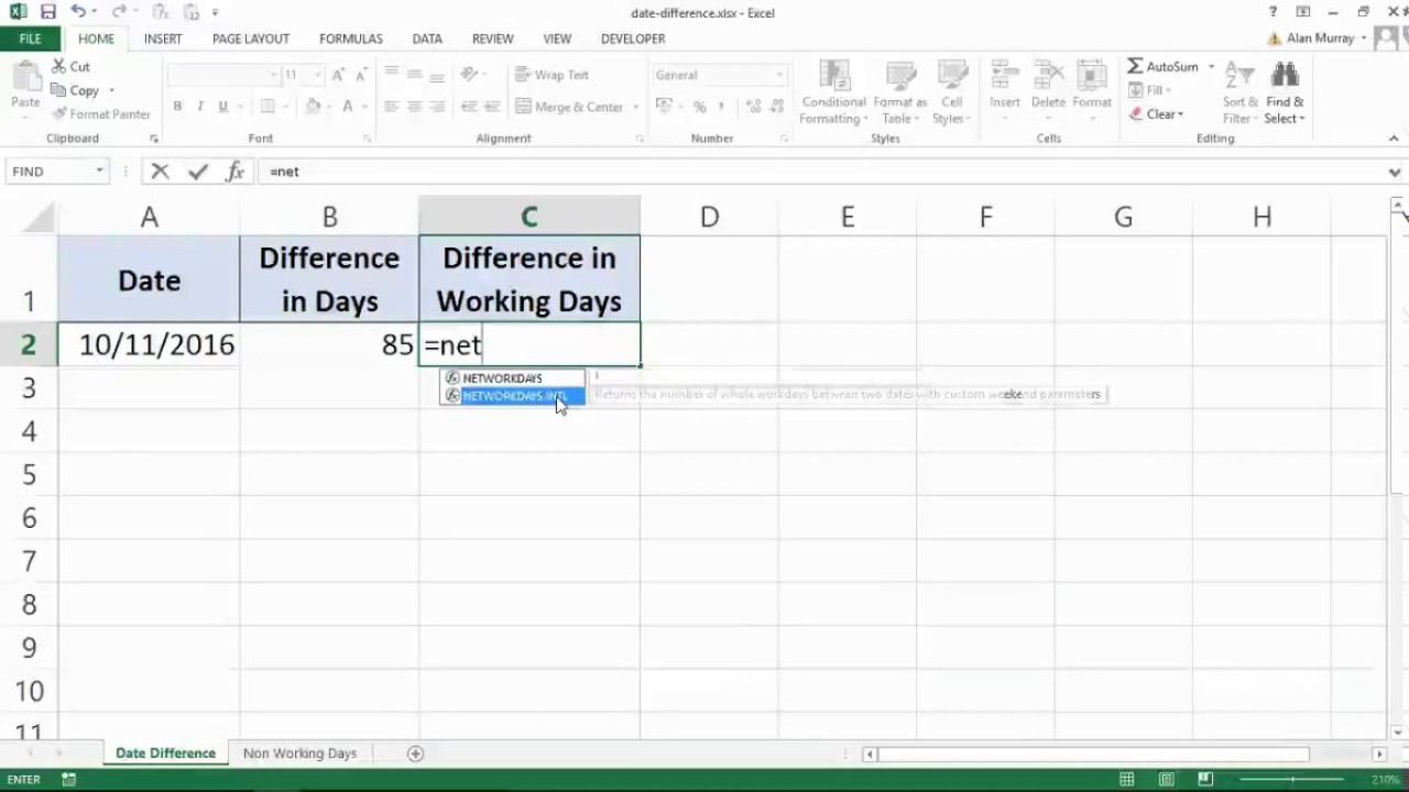 Excel Formulas Part 6 Date Difference Including Working Days Only Excel Formulas Part 6 Date Difference Including Working Days Only