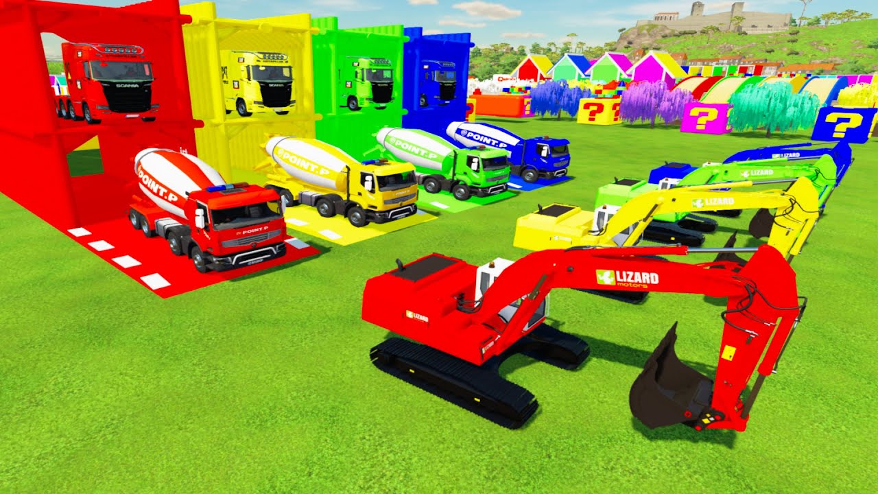 COLORFUL EXCAVATOR, MIXER CEMENT TRUCK TRANSPORTING WITH SCANIA S370 FLATBED TRAILER TRUCK - YouTube