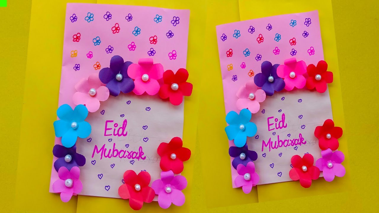 EID MUBARAK greeting card | How to make flowery card for RAMADAN | Eid ...