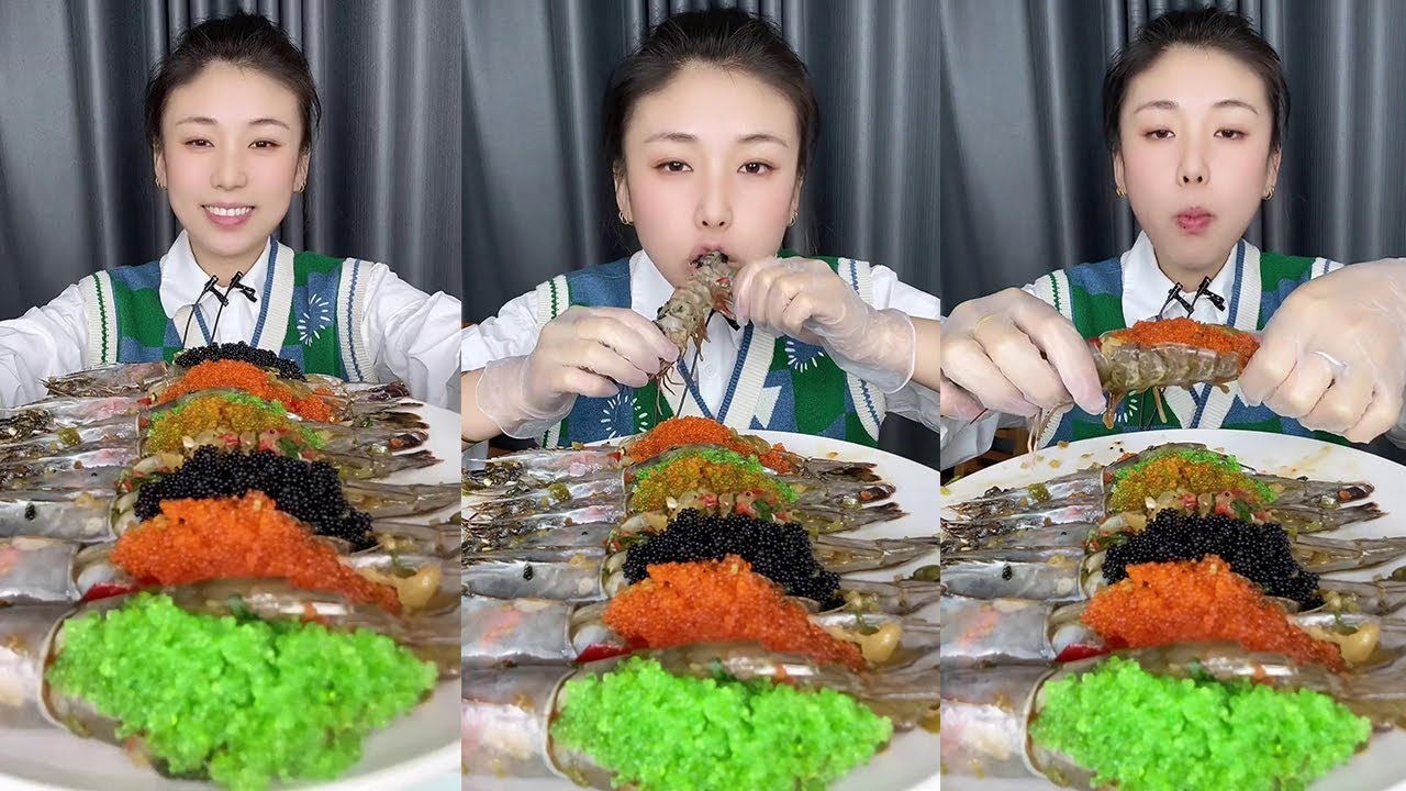 【XueYan Mukbang】Fish roe stuffed Thai shrimp🐟🐟🦐🦐#Seafood#sashimi# ...