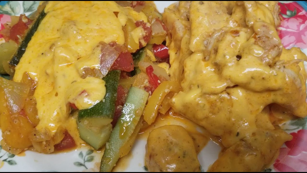 Cheesy Calabash Chicken Tenders with stir fry veggies on the side - YouTube