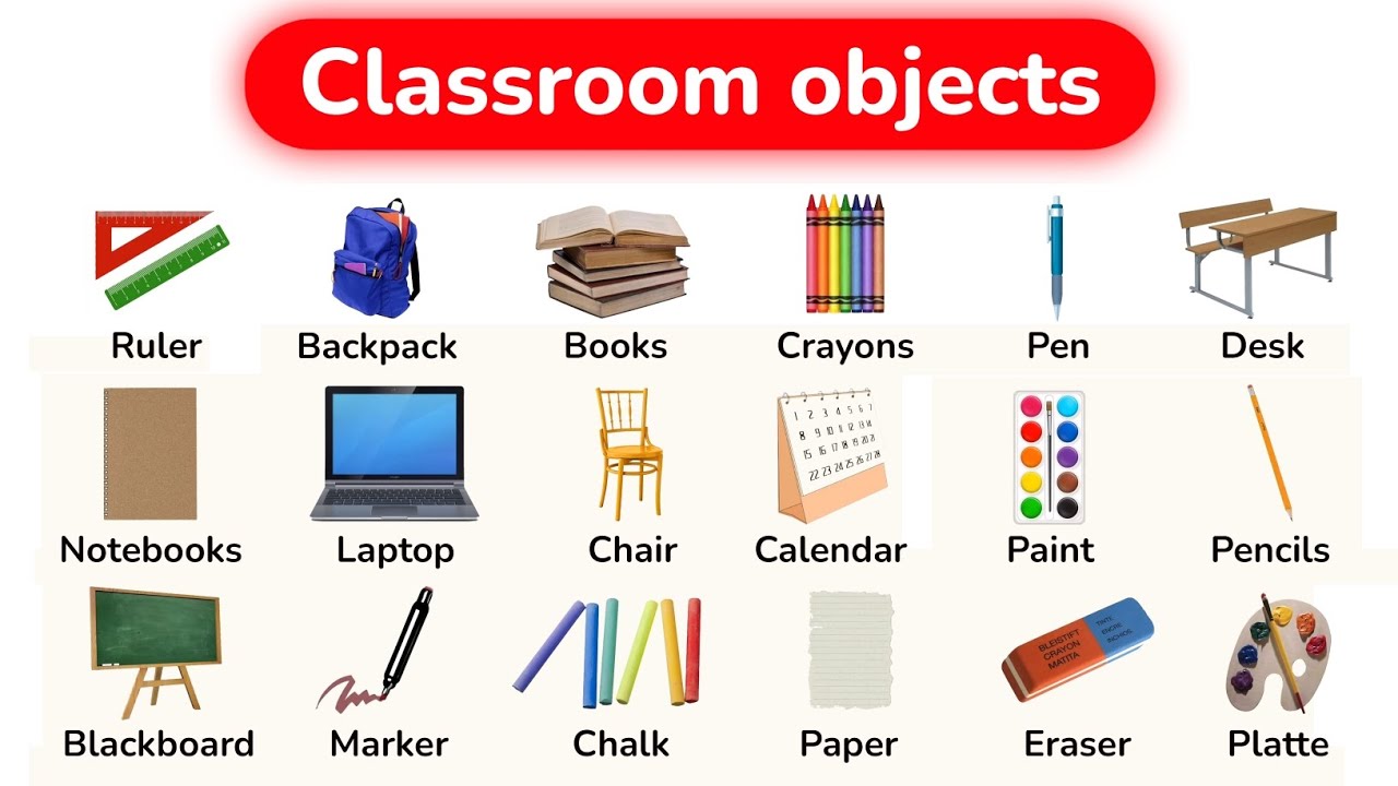 Classroom Objects Vocabulary in English | School Items Names with ...