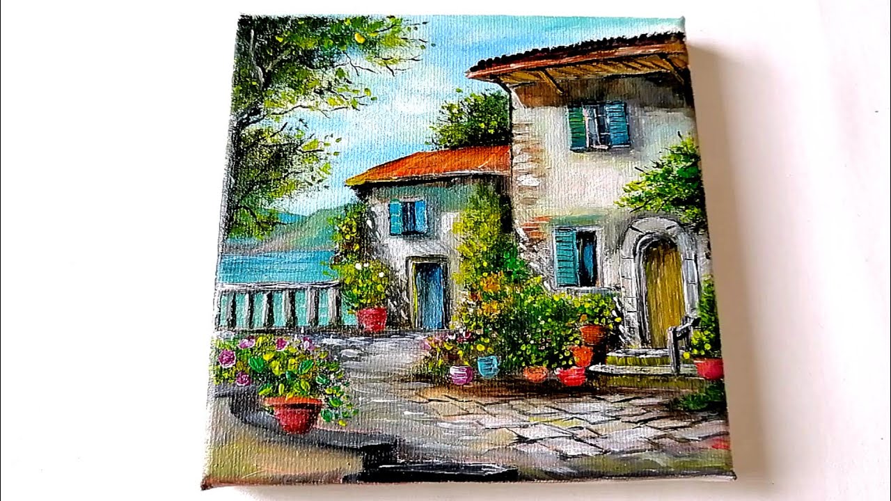 Acrylic Painting / How to draw Mediterranean House by the sea ...