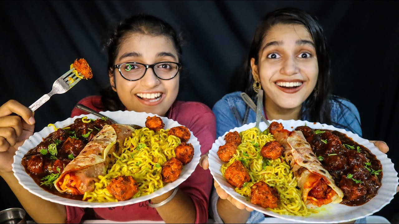 CHINESE THALI EATING CHALLENGE | MANCHURIAN NOODLES GRAVY FRANKIE ...
