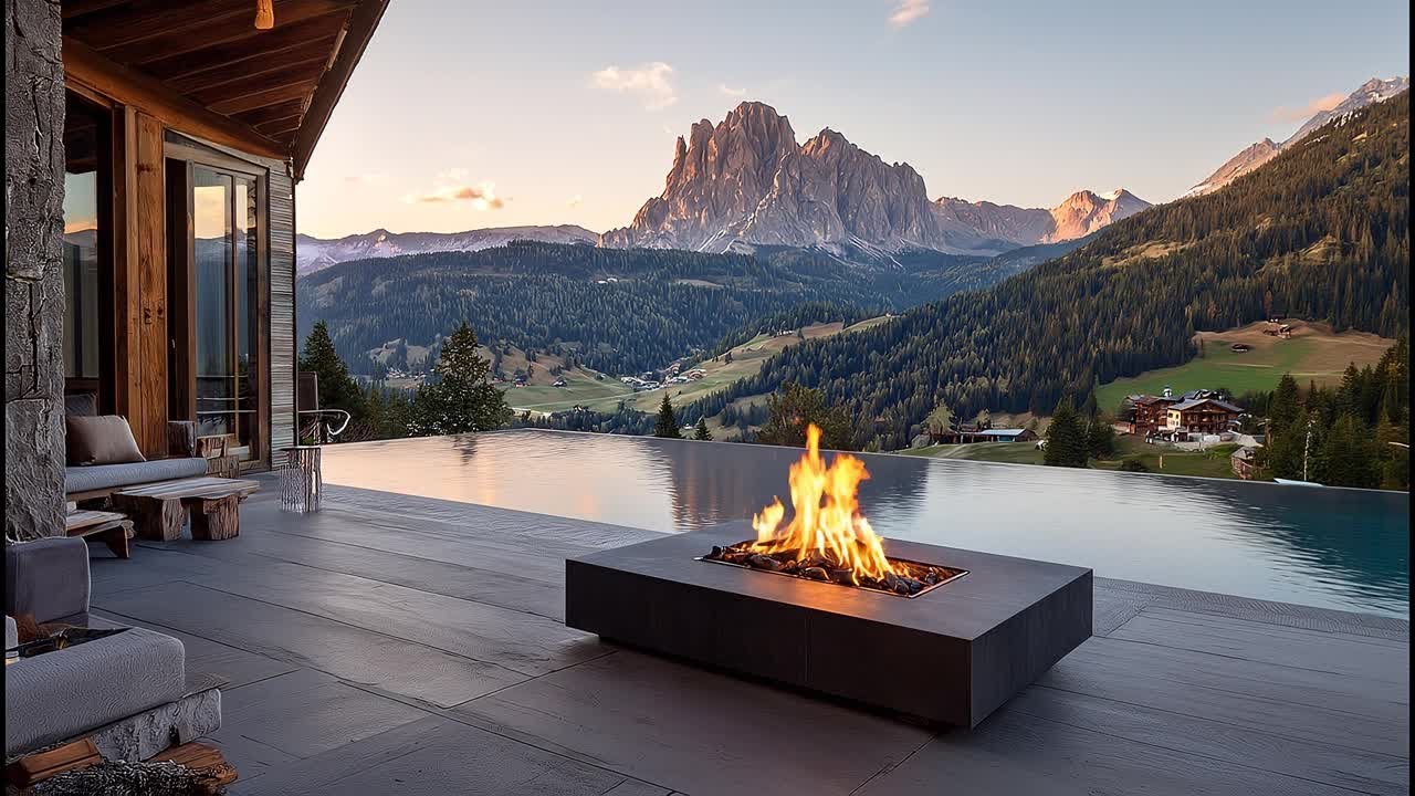 Swiss Alps Ambience: Relaxing Fire Pit, Infinity Pool & Birds Sound ...