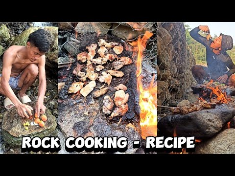 Meat Cooked On Stones - Outdoor Cooking and Eating Chicken with spicy ...