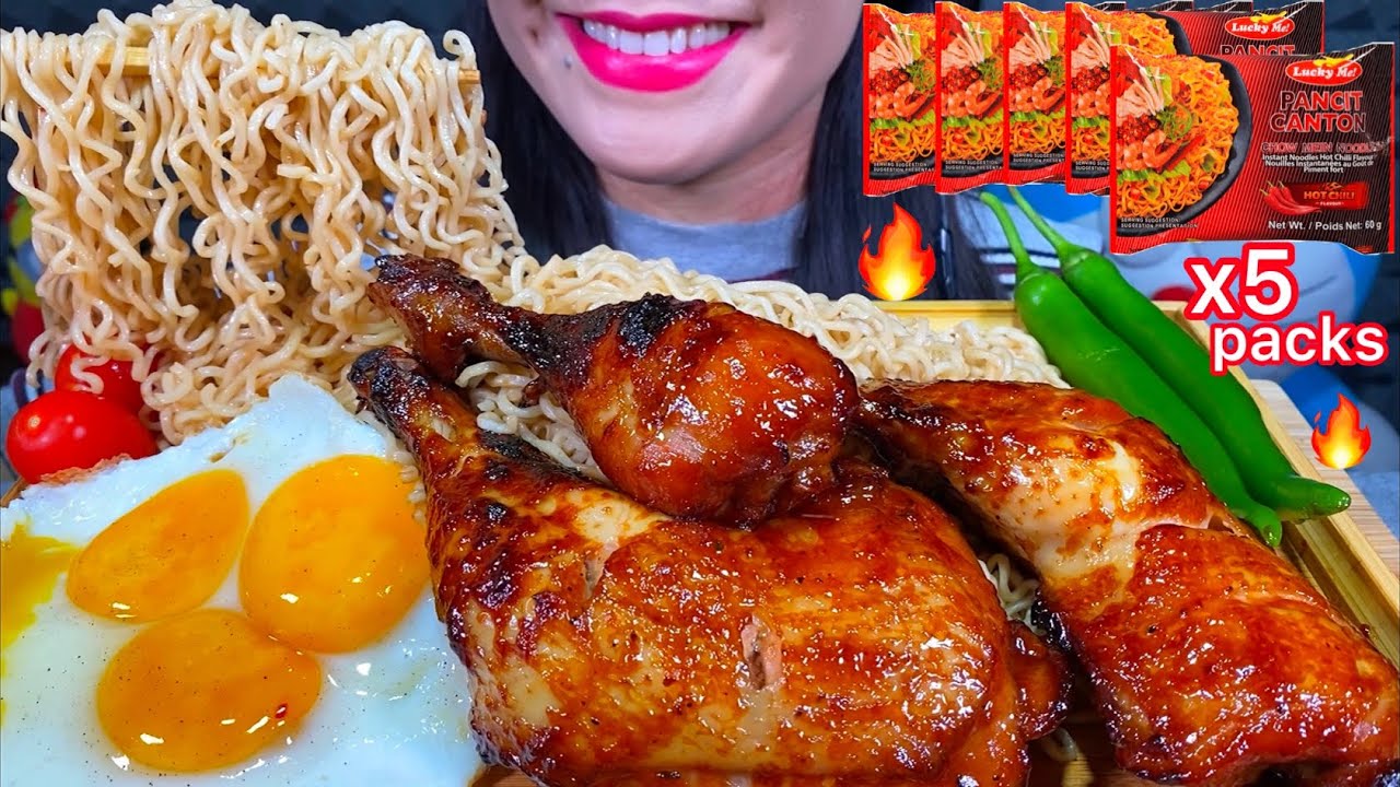 ASMR 5 PACKS PANCIT CANTON HOT CHILI NOODLES, BBQ CHICKEN, EGGS MASSIVE ...