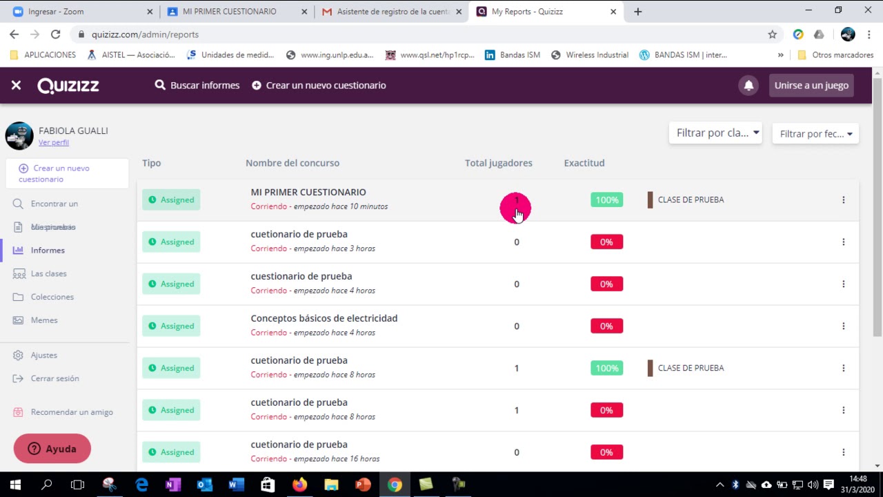 SACAR REPORTE DE NOTAS EN QUIZIZZ - YouTube