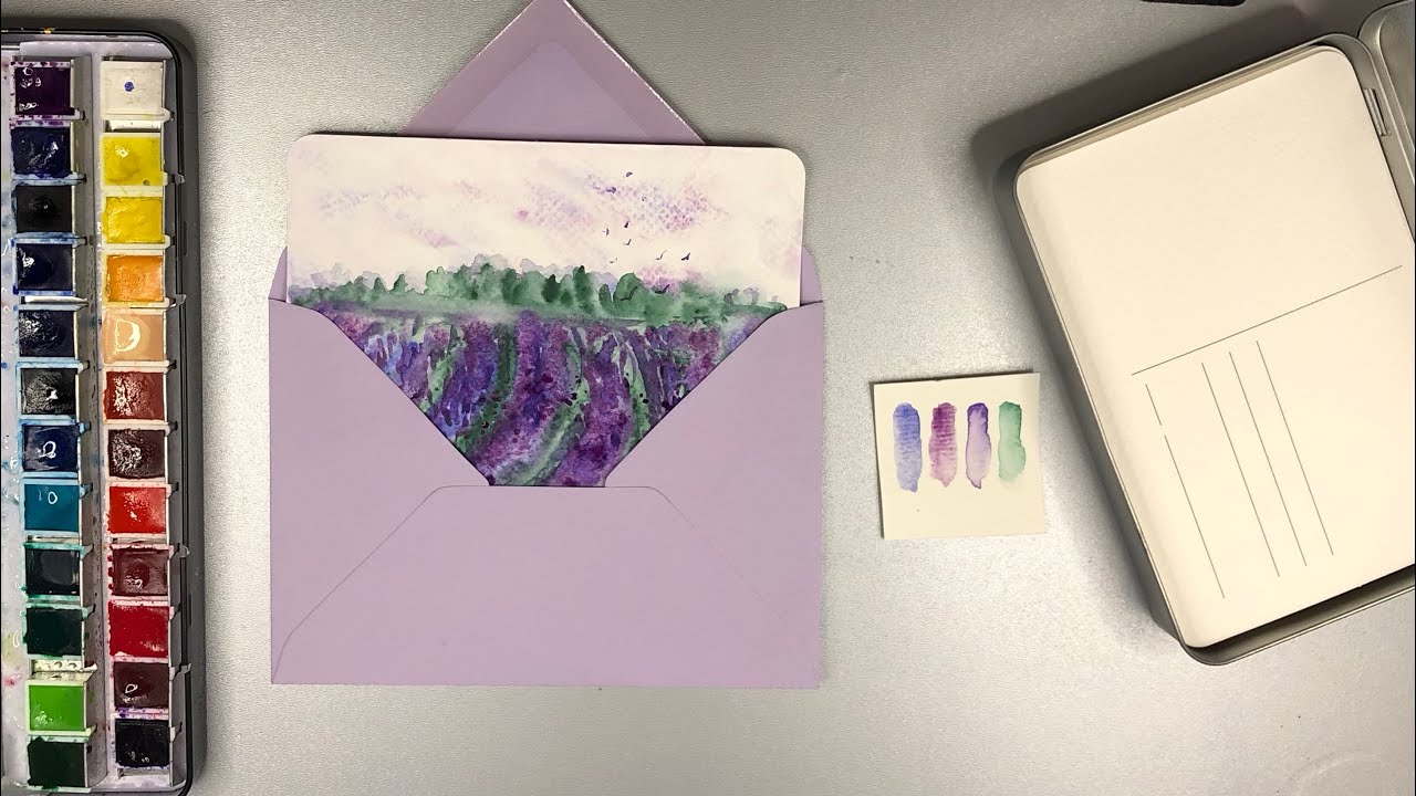 Aquarell Postkarte Lavendel Feld für Anfänger malen lernen schnell ...