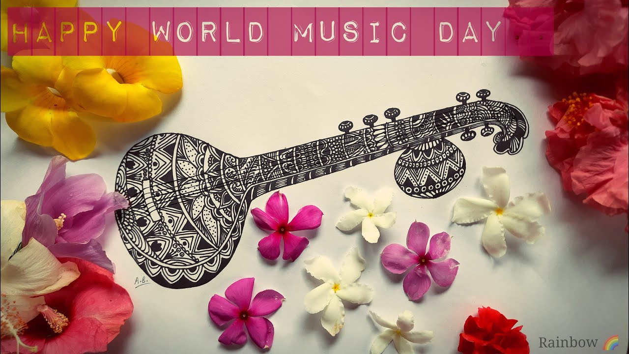 World Music Day Drawing Poster | Veena Drawing | Mandala Art Veena ...