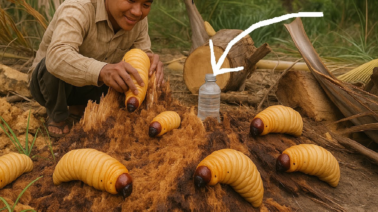 Caught GIANT Sago Worms Inside Coconut Tree | Primitive Cooking - YouTube