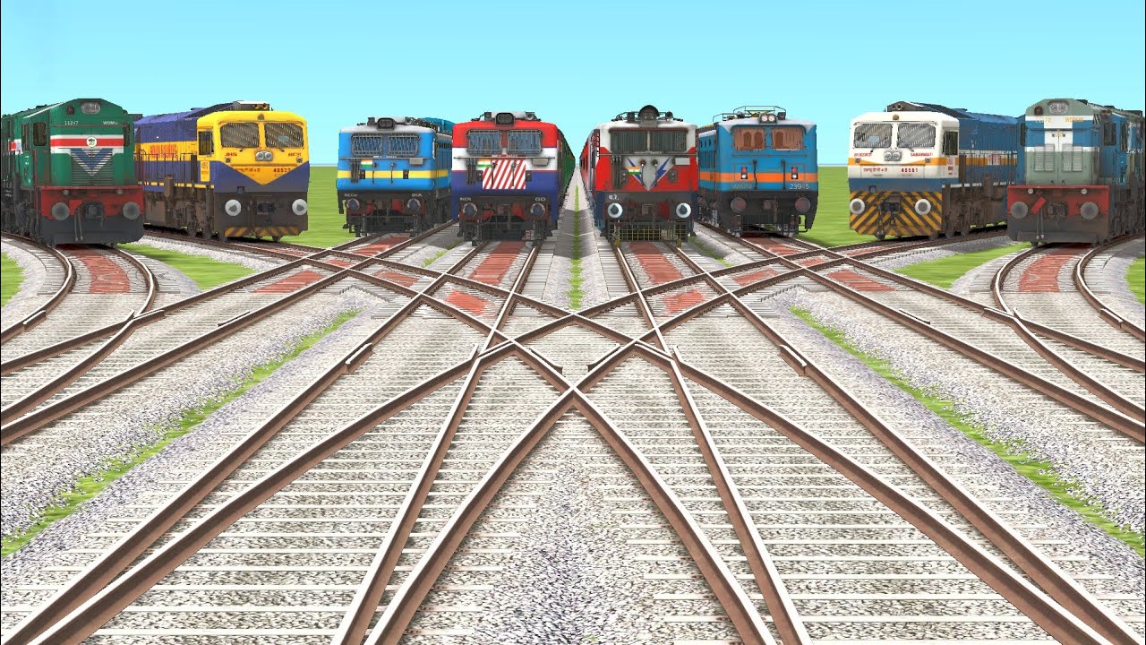 8 TRAIN CROSSING ON BOTH SIDE CURVED RAILROAD | Electric Train | Diesel ...