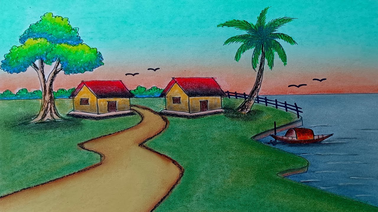 how to draw riverside village drawing / learn to draw / scenery drawing ...