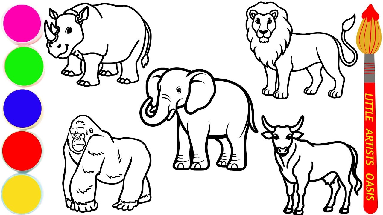 How to Draw 5 Wild Animals for beginners🐷🐘🐊🦍🐂🐆! Children Draw Animals ...