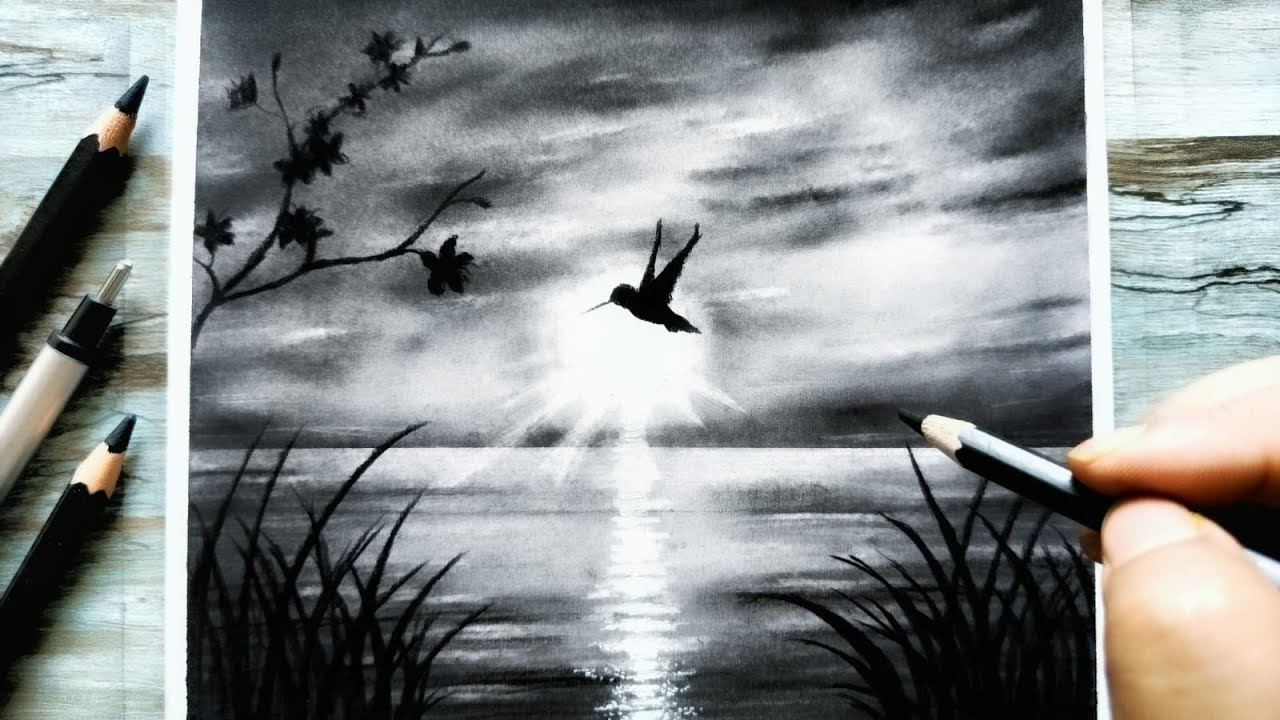 Beautiful Sunset Scenery Drawing with Pencil 🌄/Charcoal Drawing For ...