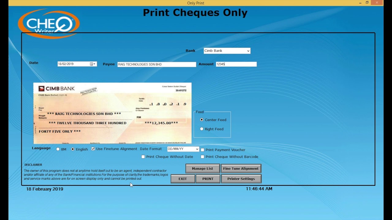 Print Cheque Only - Cheqwriter 5.3 - YouTube