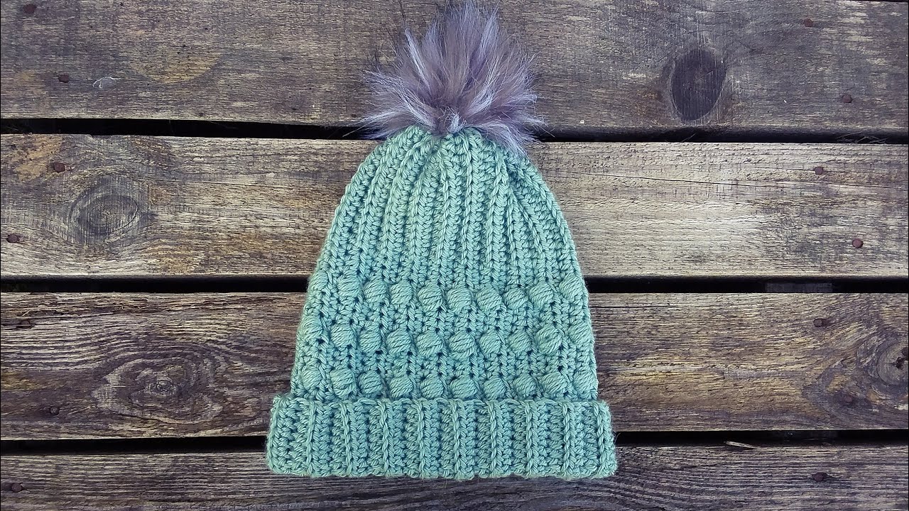 How To Crochet Ribbed Bobble Beanie Hat - YouTube