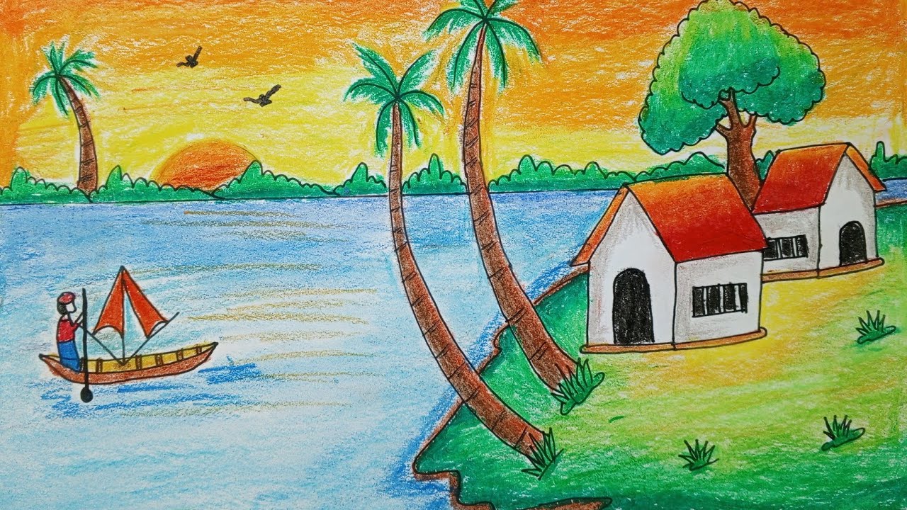How to draw a beautiful village scenery | Easy landscape drawing - YouTube