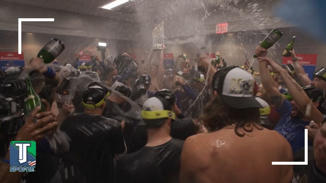 Dodgers STARS shower in CHAMPAGNE with the World Series TROPHY - YouTube