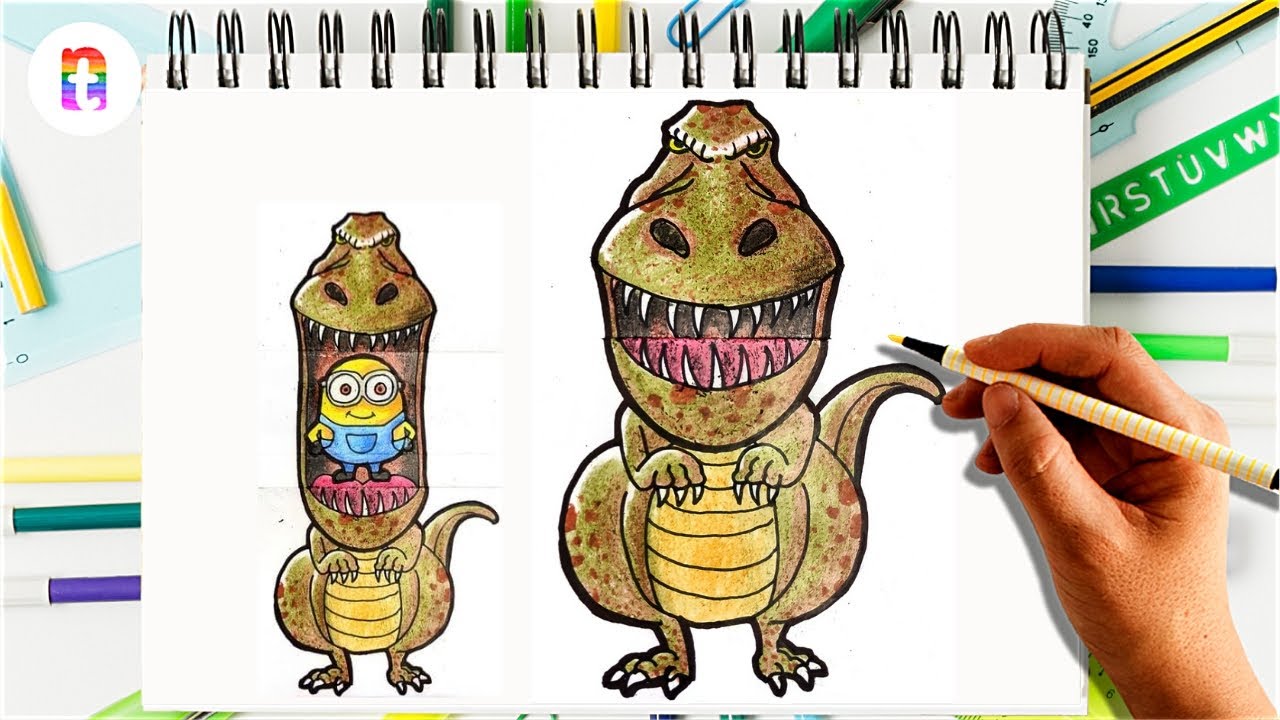 Menggambar Dinosaurus T-Rex memakan minion - YouTube