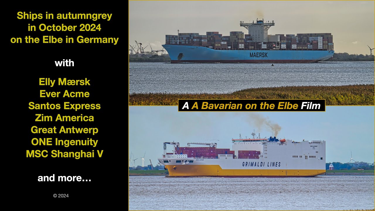 Ships in autumngrey on the Elbe in October 2024. With Elly Mærsk, Ever ...