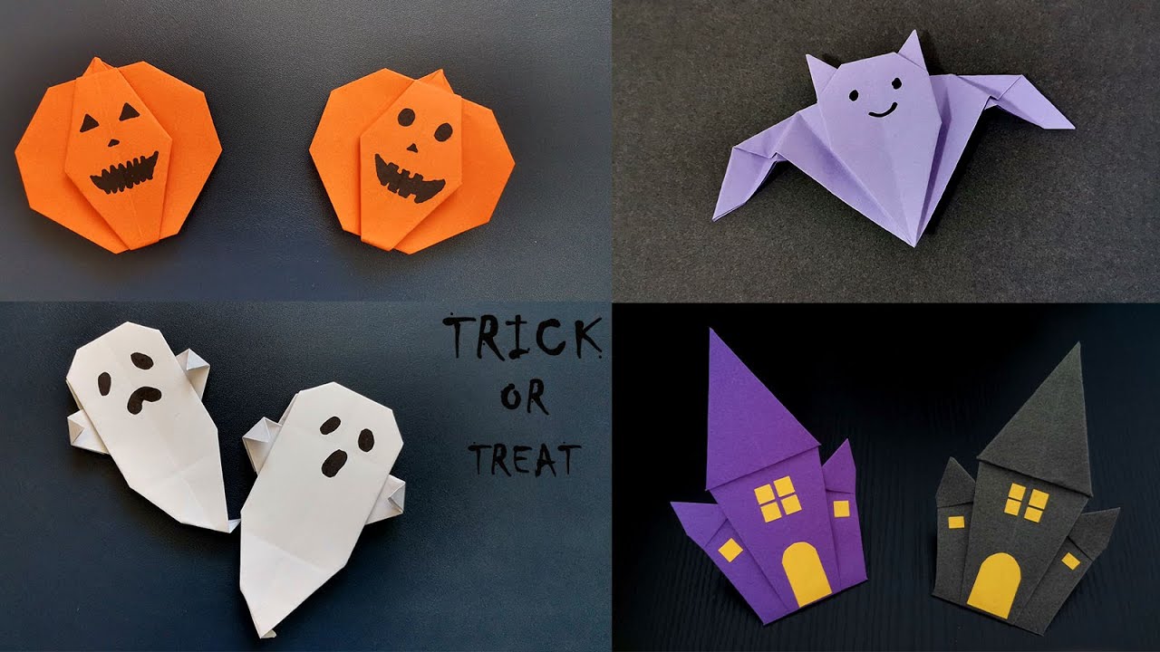Halloween Origami & Paper Crafts | Origami Paper Pumpkin, Bat, Ghost ...
