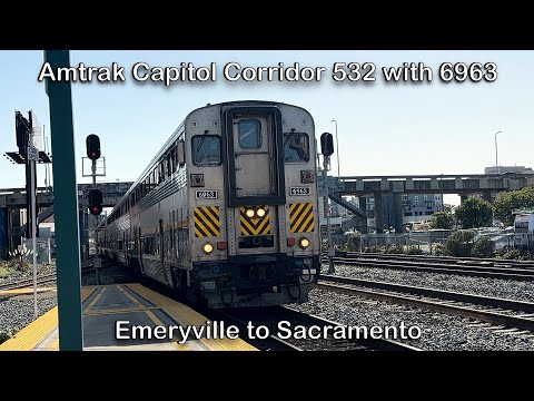 Amtrak Capitol Corridor 532 Train Ride with Cab Car 6963 Emeryville to Sacramento 4K HDR