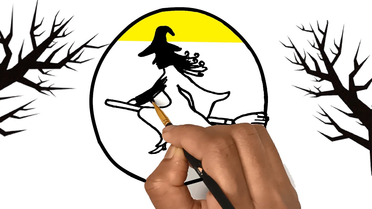 How to Draw a Simple Witch 🎃 Flying Witch Drawings for Kids and ...