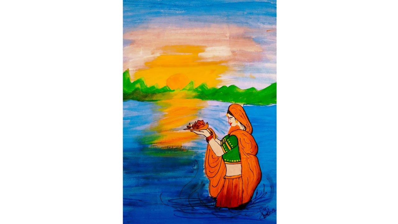 happy chhath Puja drawing//draw poster on chhath Puja with water colour ...