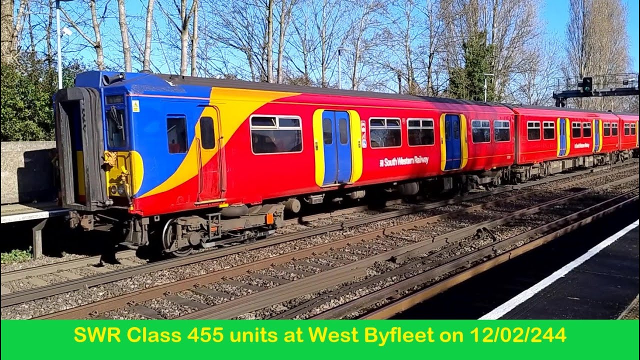 SWR Class 455 units at West Byfleet on 12/02/24 with “Woking Stoppers ...