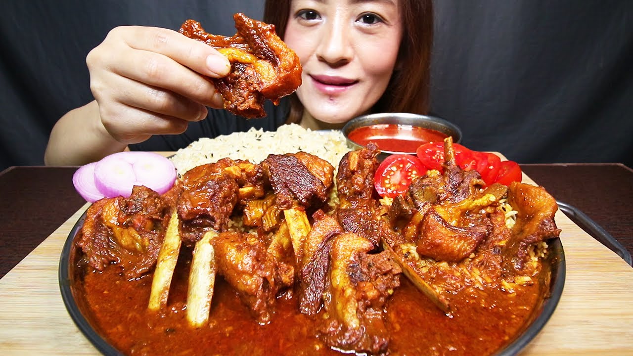 OILY SPICY MUTTON CURRY WITH JEERA RICE #ASMR/EATING SHOW BIG BITES ...